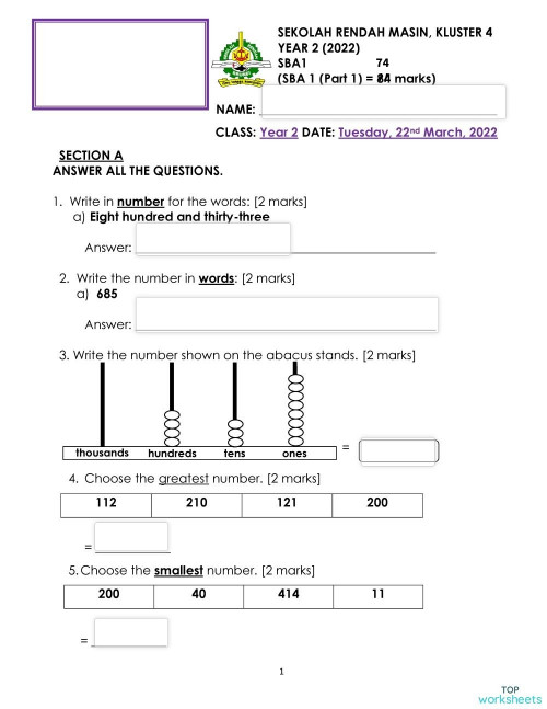 Yr 2 SBA 1 part 1 (Tuesday, 22-Mar-2022). Interactive worksheet | TopWorksheets