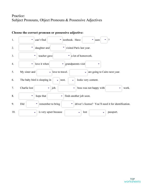Subject & Object Pronouns and Possessive Adjectives. Interactive ...