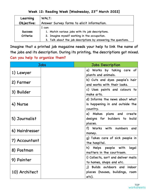 Week 12: job descriptions. Interactive worksheet | TopWorksheets