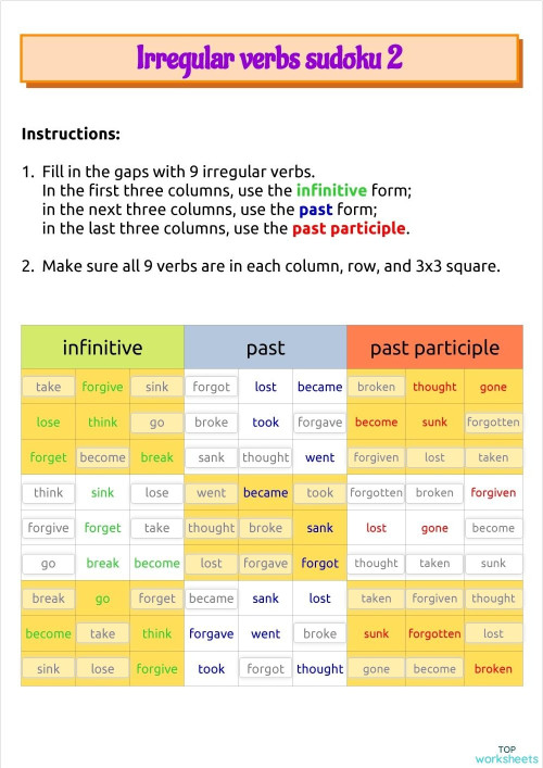 Irregular verbs sudoku. Interactive worksheet | TopWorksheets