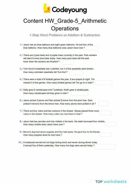 Content-HW-1-Step Word Problems on Addition & Subtraction. Interactive ...