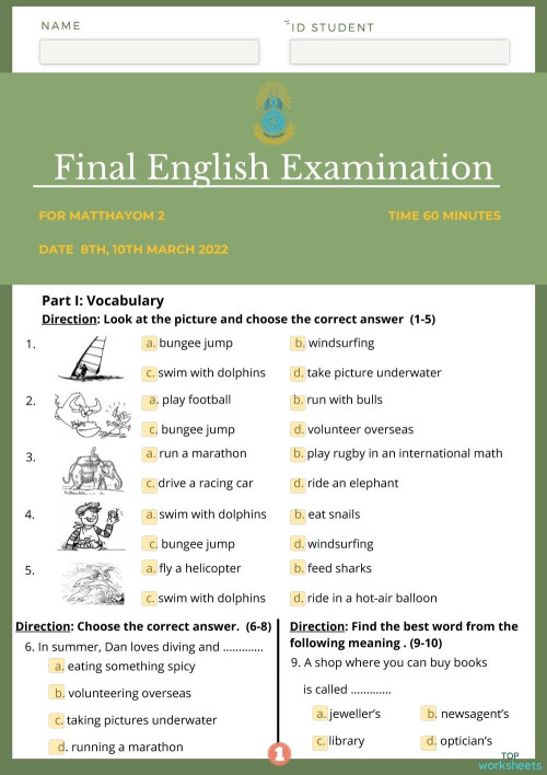 ENG1-Final Examination. Interactive worksheet | TopWorksheets