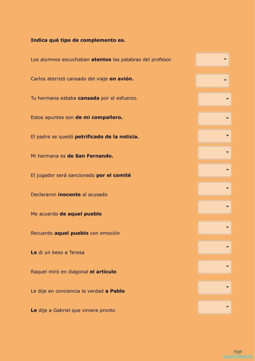 Complementos del verbo. Ficha interactiva | TopWorksheets