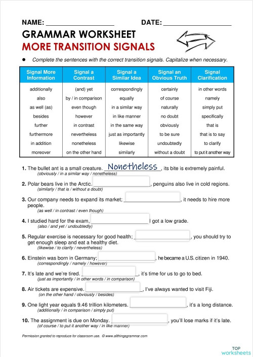 Transitions. Interactive worksheet | TopWorksheets