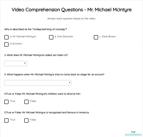 Video Comprehension Questions - Mr. Michael McIntyre. Interactive ...