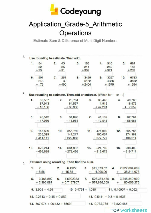 Application-Estimate Sum of Multi Digit Numbers. Interactive worksheet ...