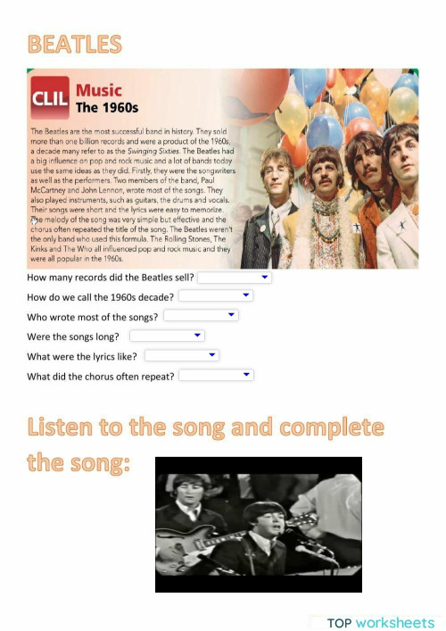 Beatles listening to song history. Interactive worksheet | TopWorksheets