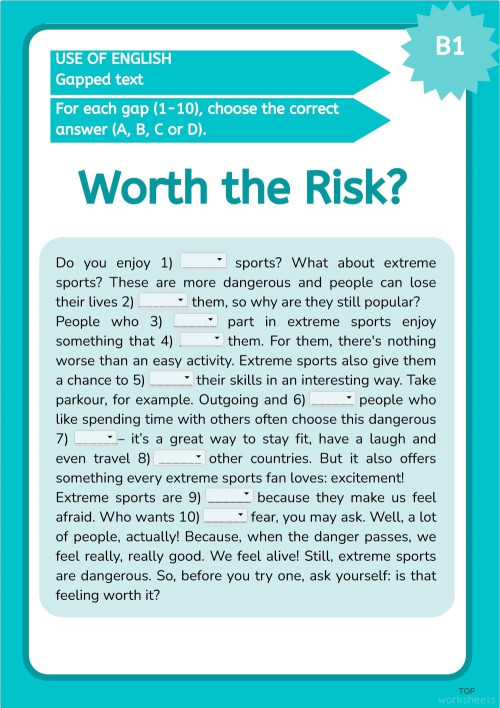 USE OF ENGLISH Gapped text B1 Exam Skills. Interactive worksheet ...