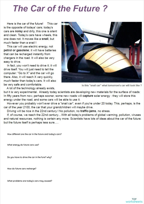 future cars reading. Interactive worksheet | TopWorksheets