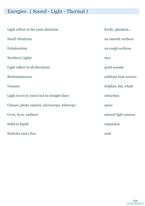 Natural L5. Sound Light Heat II. Interactive worksheet | TopWorksheets
