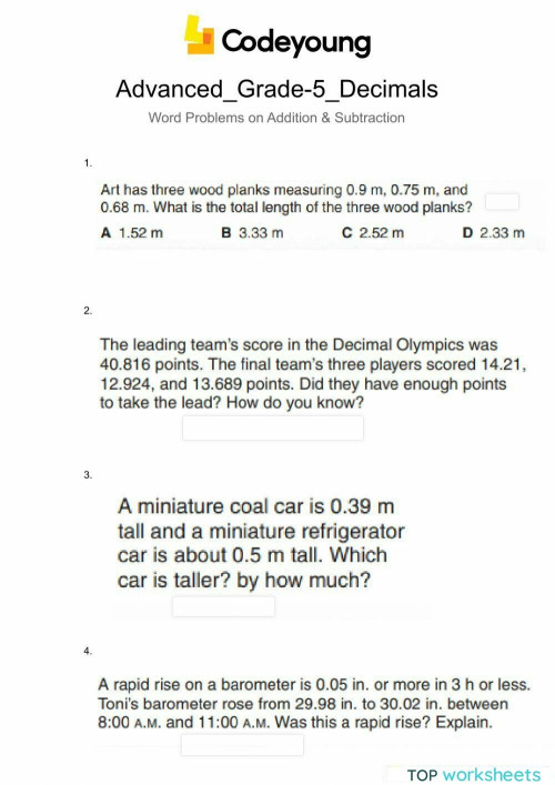 Advanced-Word Problems on Addition & Subtraction interactive ...