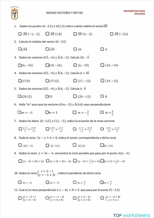 Vectores Y Rectas Ficha Interactiva Topworksheets