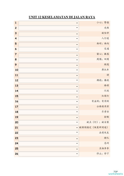 T2 UNIT 12 KESELAMATAN DI JALAN RAYA. Interactive worksheet | TopWorksheets