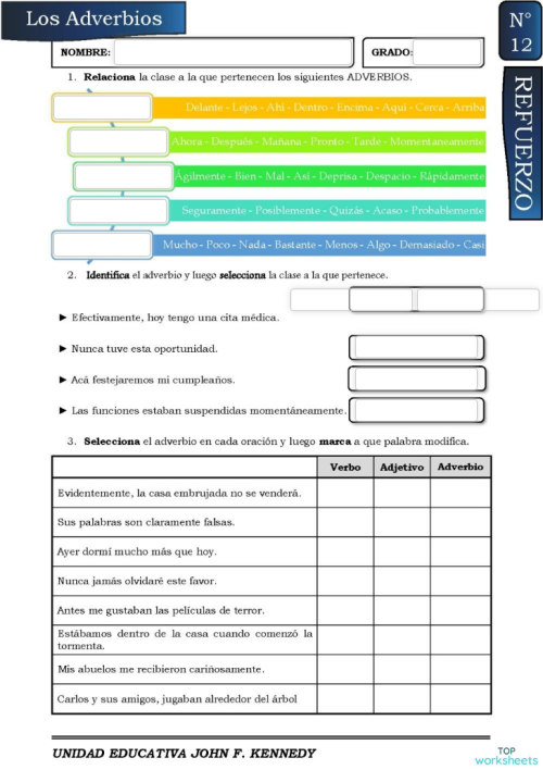 Adverbios: Clases y Modificador. Ficha interactiva | TopWorksheets