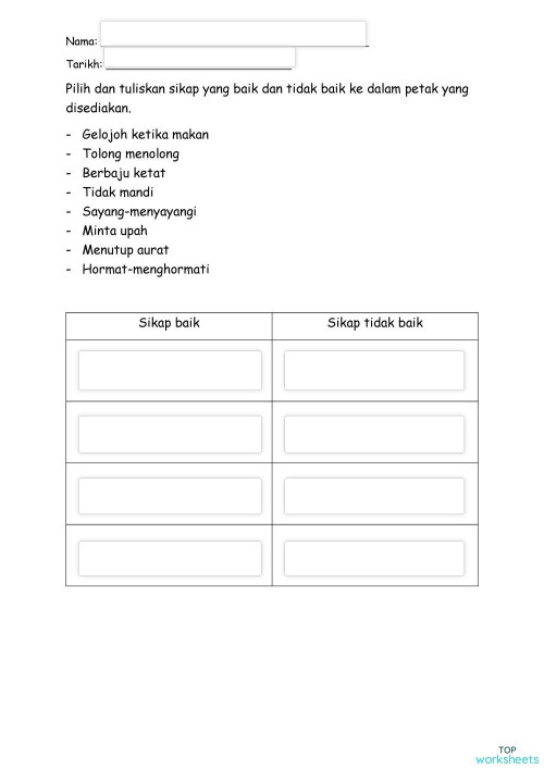 Latihan Sikap-sikap Baik (19.03.22). Interactive worksheet | TopWorksheets