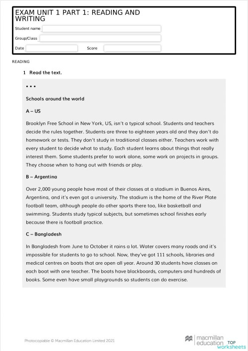 EXAM UNIT 1 PART 1:READING AND WRITING. Interactive worksheet ...