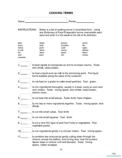 Cooking Terms. Interactive worksheet | TopWorksheets