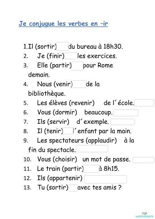 Le présent de l indicatif,les verbes en -ir. Fiche interactive ...