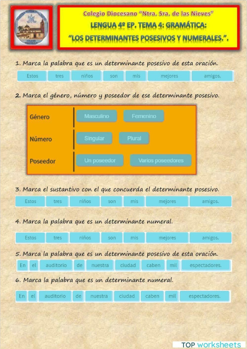 Tema 4. Gramática. Los determinantes posesivos y numerales.. Ficha ...