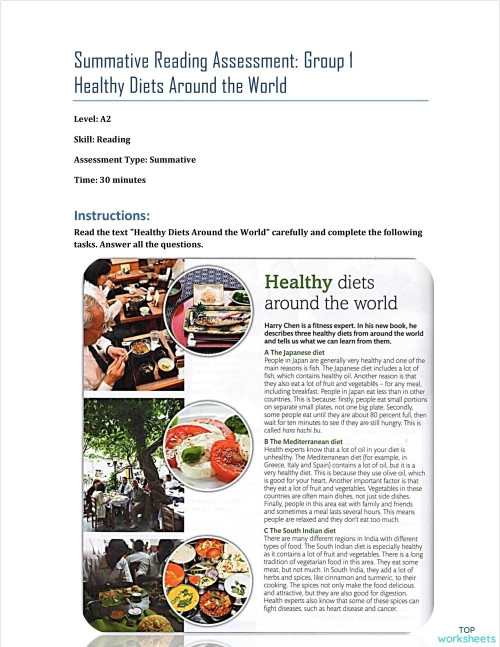 A2 Reading - Healthy Diets Around the World.. Interactive worksheet ...