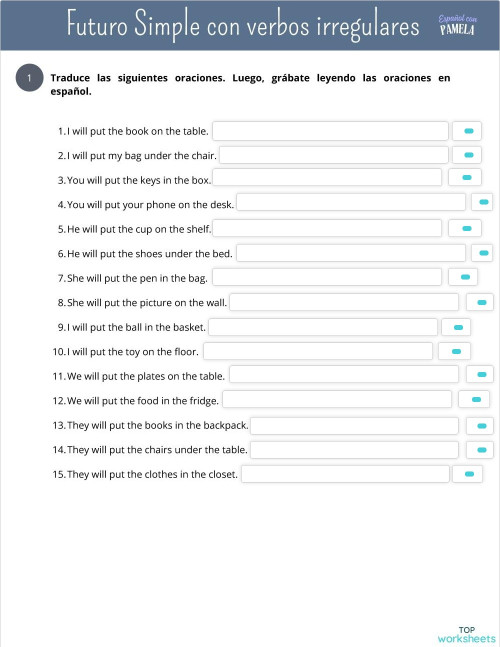 Futuro Simple con verbos irregulares (poner). Ficha interactiva ...