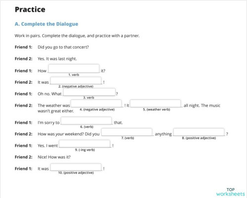 Describing experiences complete conversation. Interactive worksheet | TopWorksheets
