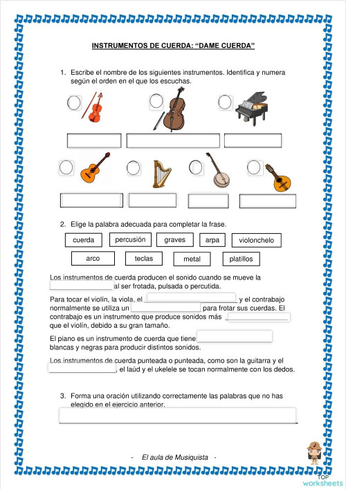Instrumentos de cuerda. Ficha interactiva | TopWorksheets