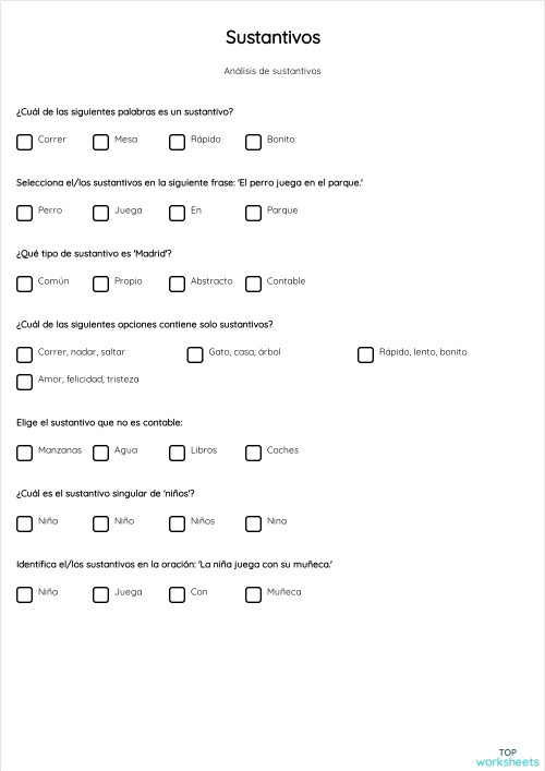 Sustantivos: fichas interactivas y ejercicios online | TopWorksheets