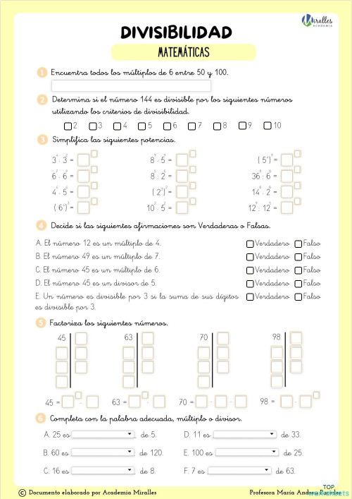 Divisibilidad. Ficha interactiva | TopWorksheets