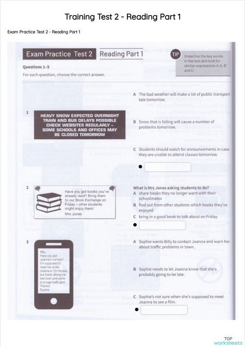Training Test 2 - Reading Part 1. Interactive worksheet | TopWorksheets