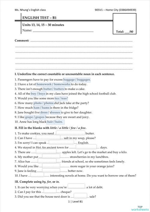 B1 - Test 5. Interactive worksheet | TopWorksheets