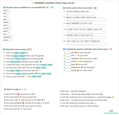 How much, many, a lot of. Interactive worksheet | TopWorksheets