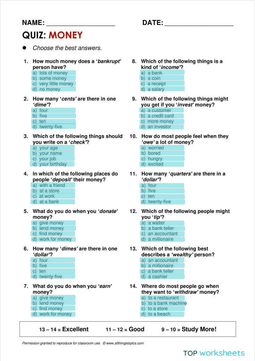 Money Quiz. Interactive worksheet | TopWorksheets