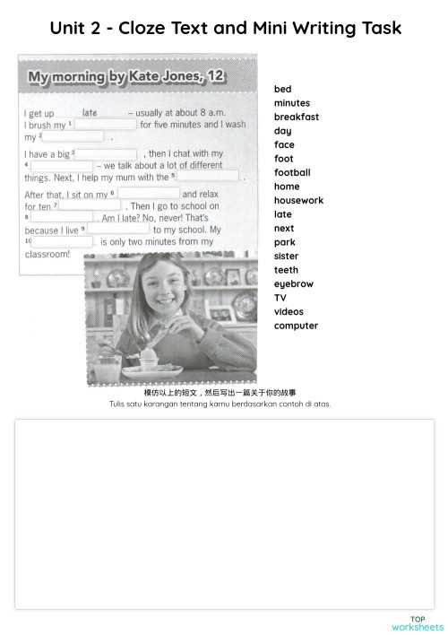 English Plus 1 - Unit 2 - Cloze Text and Mini Writing Task. Interactive ...