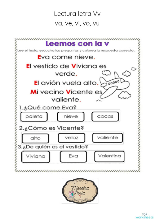 Lectura letra V/Colegio Petit. Ficha interactiva | TopWorksheets
