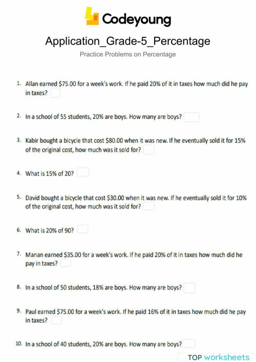 Application-Practice Problems on Percentage. Interactive worksheet | TopWorksheets