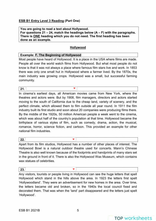 ESB B1 2021B READING. Interactive worksheet | TopWorksheets