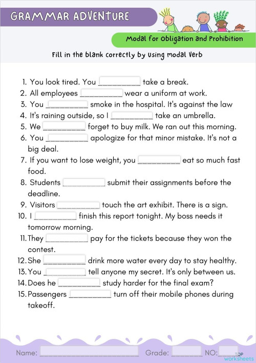 Modal for obligation and prohibition. Interactive worksheet | TopWorksheets