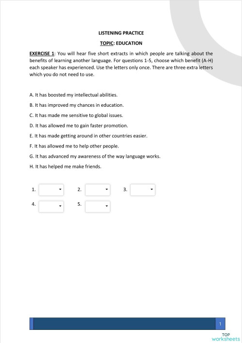 LISTENING PRACTICE-B2: EDUCATION. Interactive worksheet | TopWorksheets