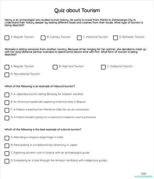 Quiz about Tourism. Interactive worksheet | TopWorksheets