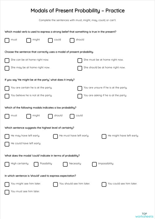 Modals of Present Probability – Practice. Interactive worksheet ...