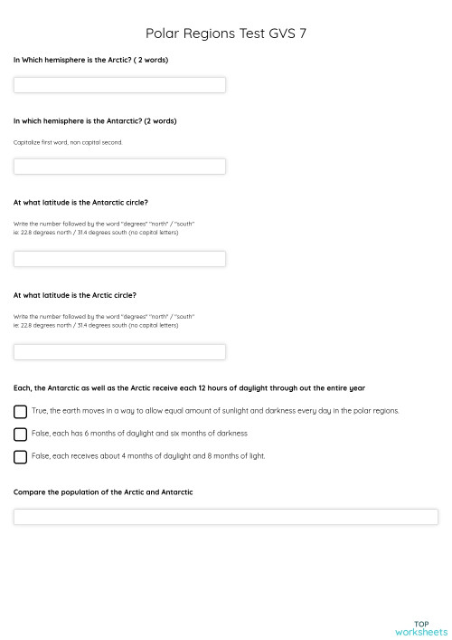 Polar Regions Test GVS 7. Interactive worksheet | TopWorksheets