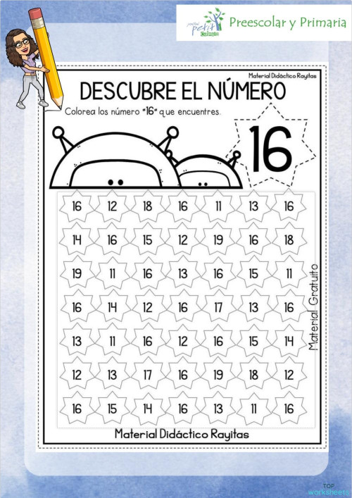 Busca el número 16 y colorea. Interactive worksheet | TopWorksheets