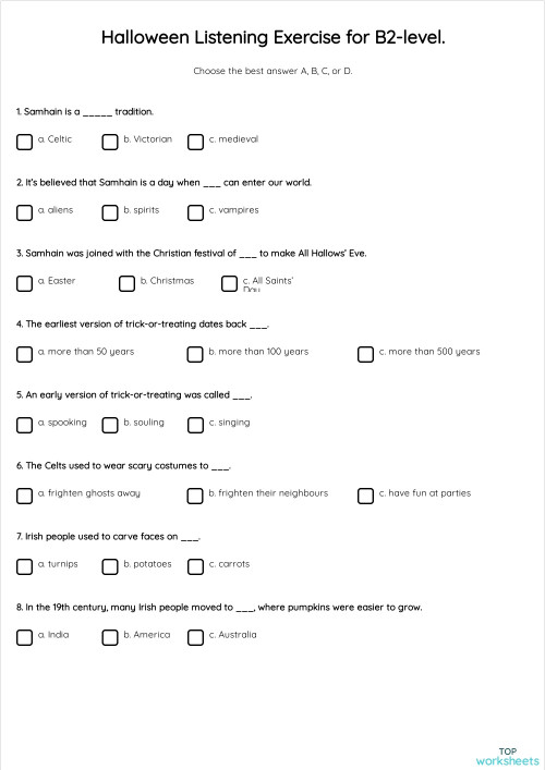 Halloween Listening Exercise for B2-level.. Interactive worksheet ...