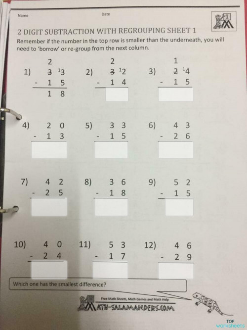 2 digit subtraction with regrouping sheet 1. Interactive worksheet | TopWorksheets