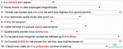 Accord du participe passé avec AVOIR. Fiche interactive | TopWorksheets