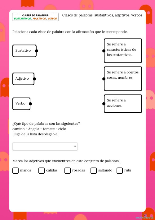 Clases de palabras: sustantivos, adjetivos, verbos. Ficha interactiva | TopWorksheets