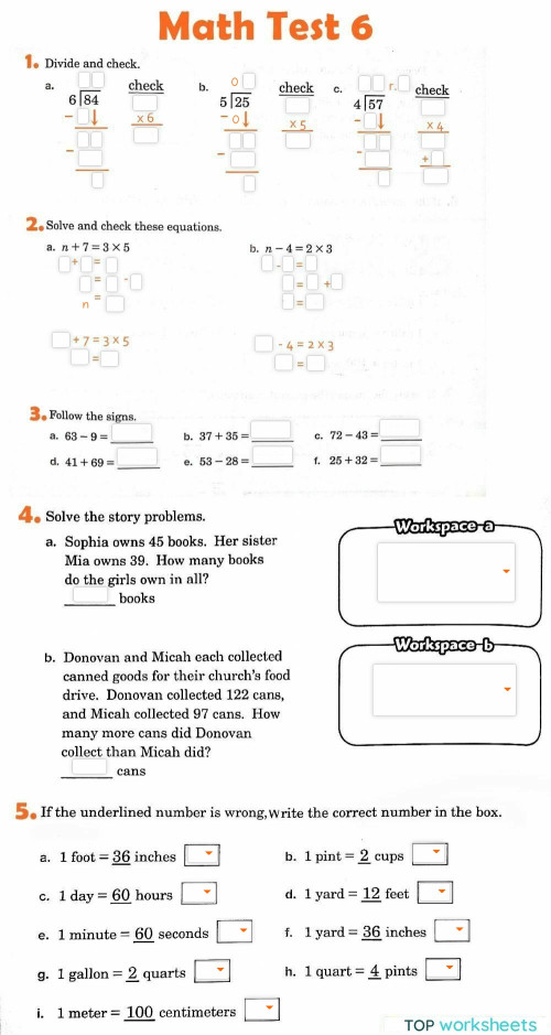 Math Test 6. Interactive worksheet | TopWorksheets