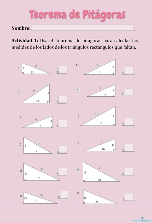 Teorema de Pitágoras. Ficha interactiva | TopWorksheets