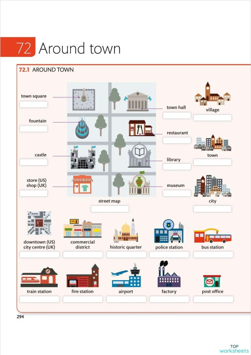 Around town vocabulary. Interactive worksheet | TopWorksheets